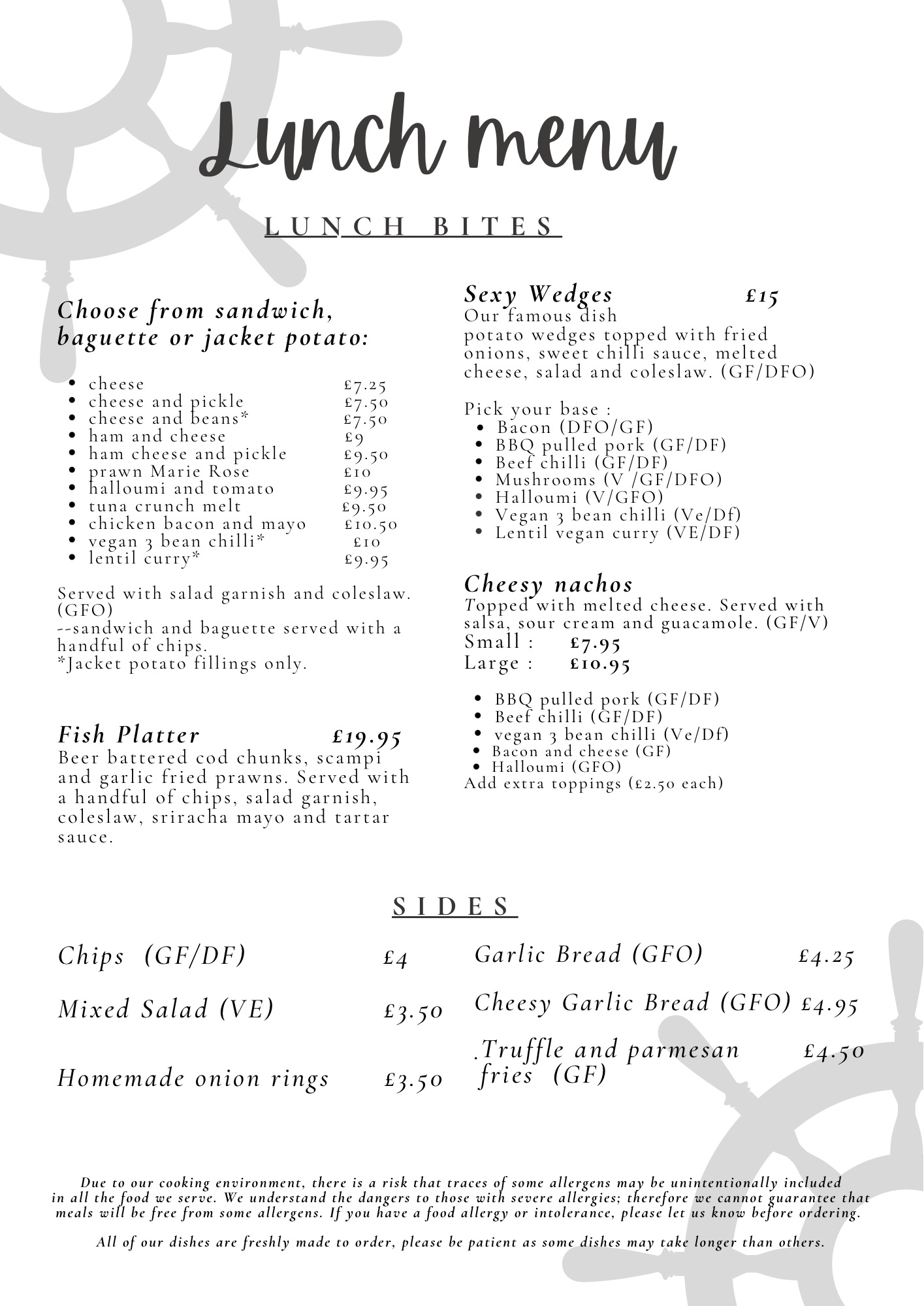 Menus | The Bristol Trader