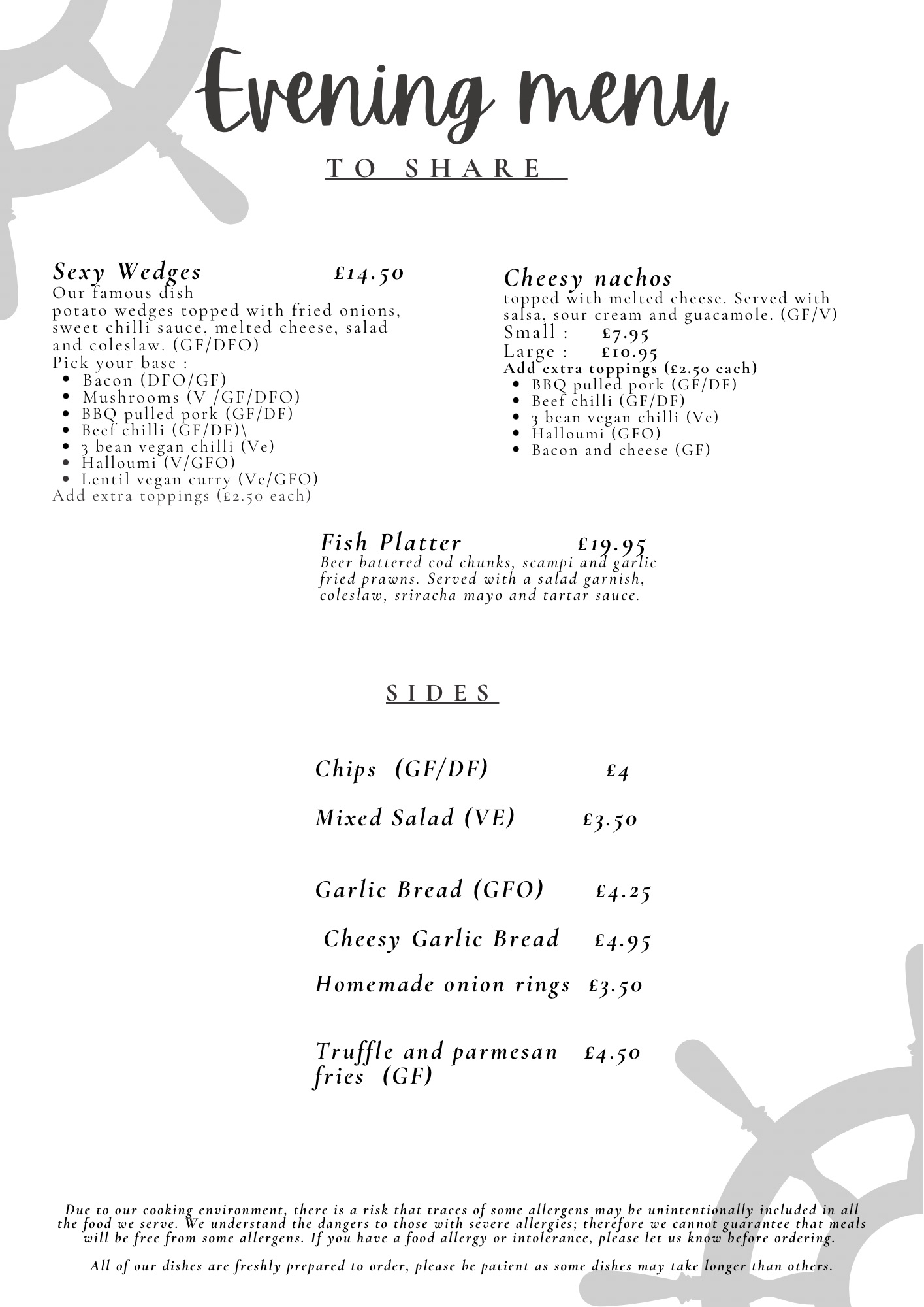 Menus | The Bristol Trader